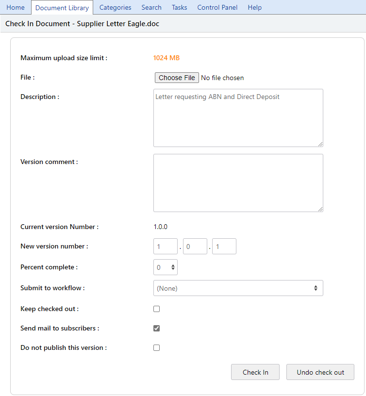 Checking in documents - Online Help