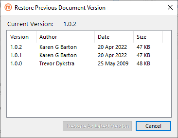 Version Save Tab - Online Help