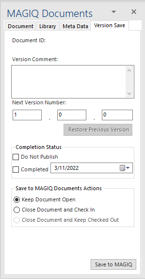 Version Save Tab - Online Help