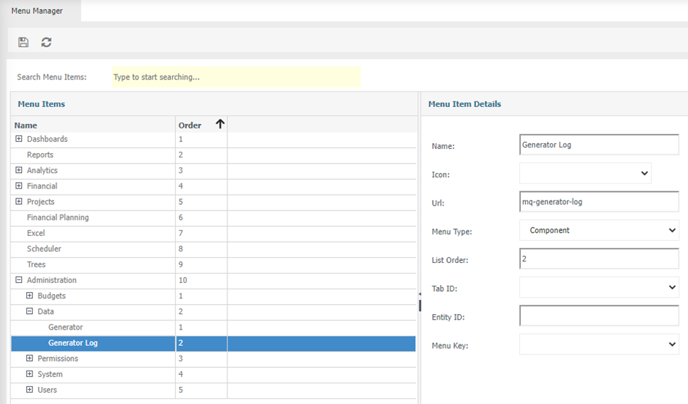 Generator Log - MAGIQ Performance Online Help